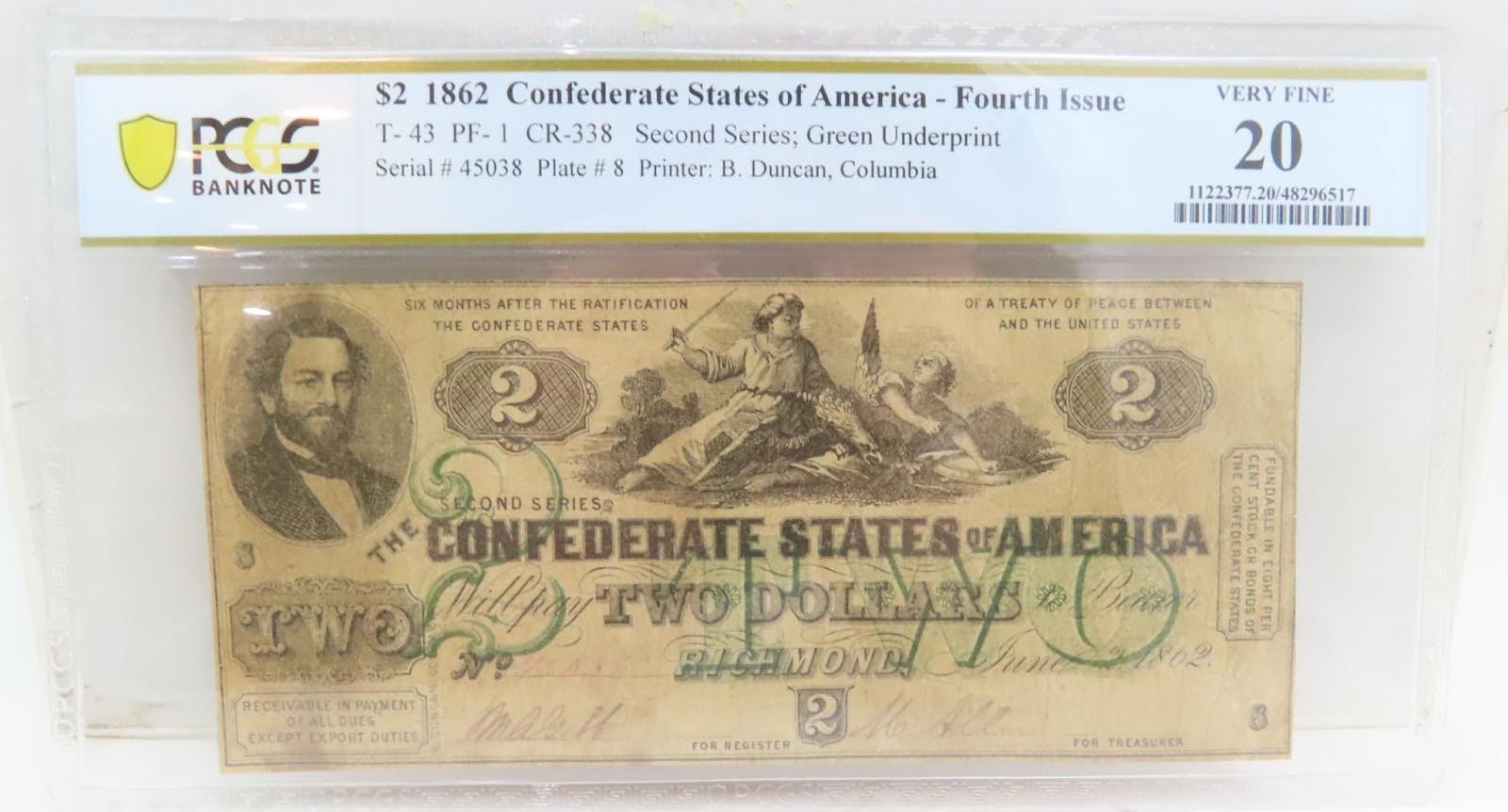 Confederate States of America PCGS VF 20 $2 Note – Rocky's Gold Silver ...