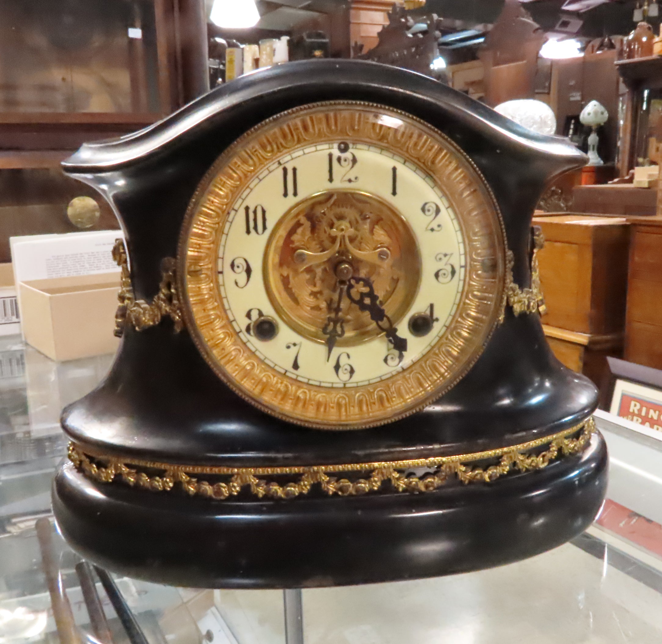 Vintage Waterbury Black Stone Gold Gilt Swag Movement Mantle Clock ...