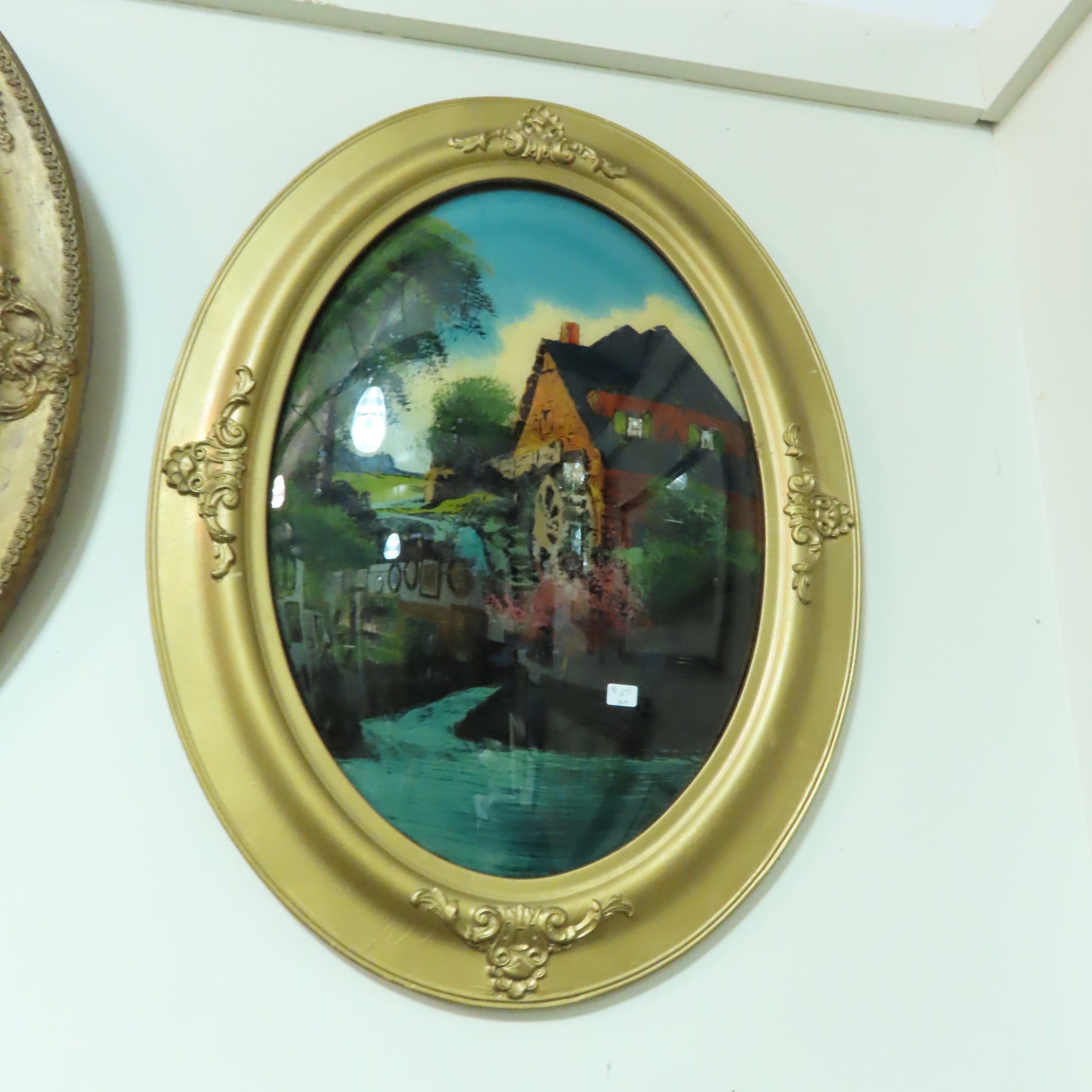 Vintage reverse painted Water wheel/ Mill Oval Domed Glass Framed ...